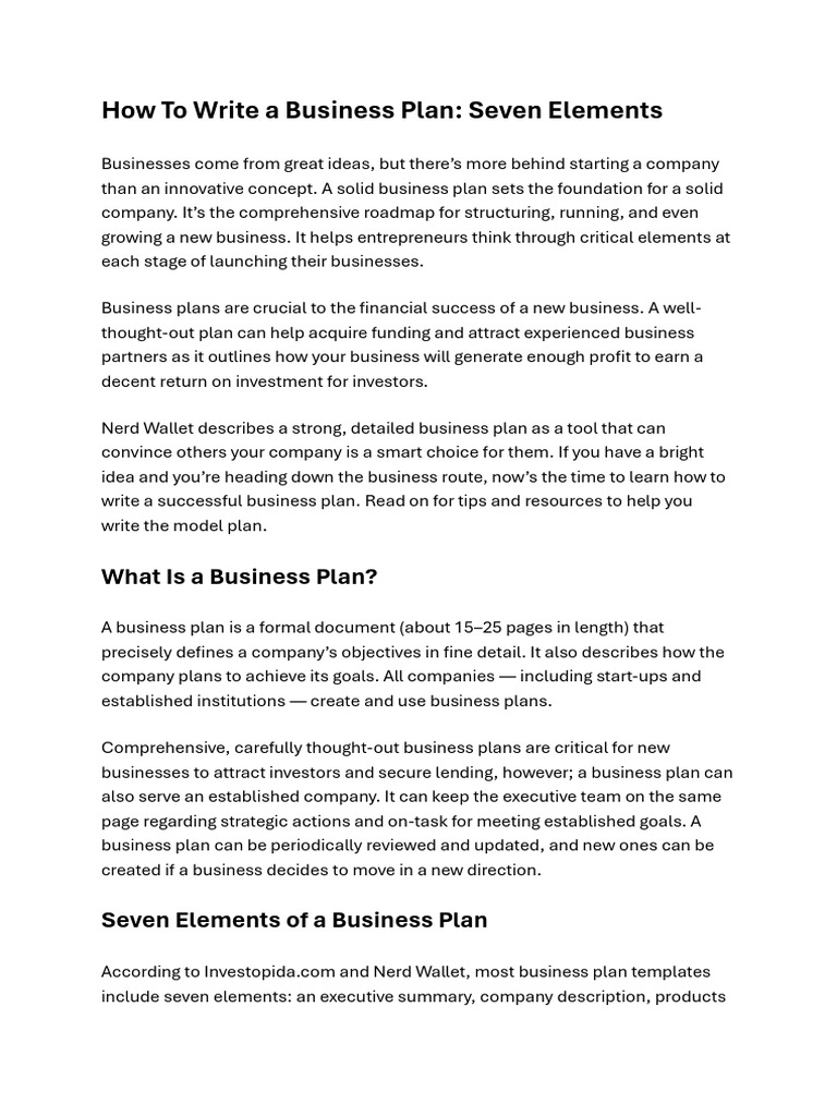 How To Write A Business Plan Seven Elements | PDF | Business Plan ...