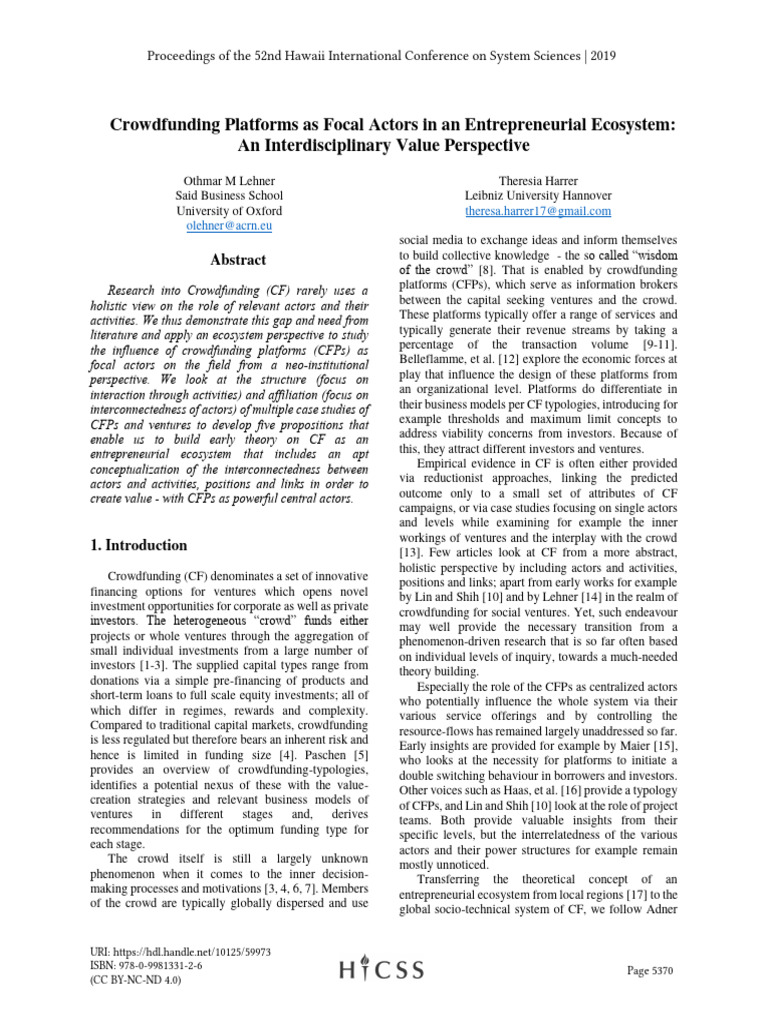 Crowdfunding Platforms As Focal Actors In An Entrepreneurial Ecos Pdf