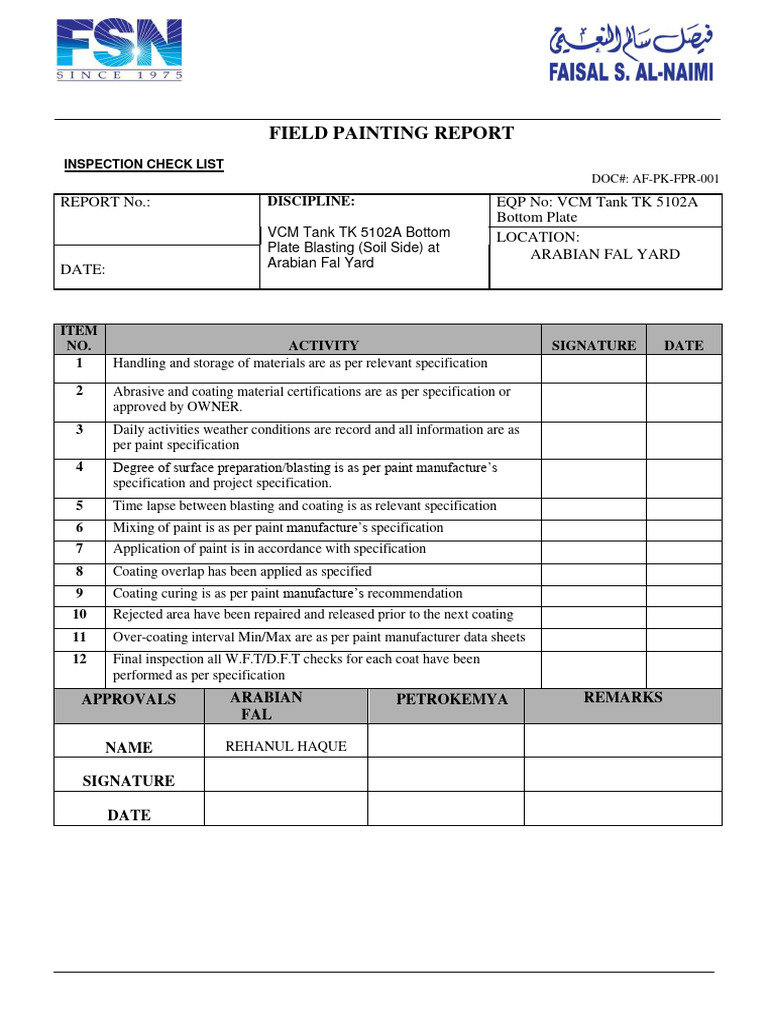 Field Painting Report - VCM Tank TK 5102B Bottom Plate Blasting (Soil ...