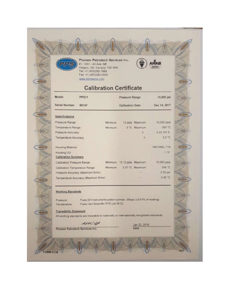 2017dec14 CalibrationCert PPS71 S6147 | PDF