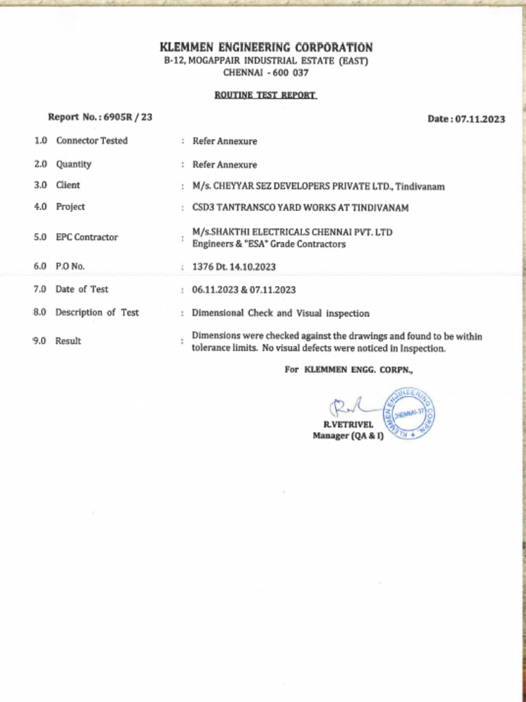 Clamps and Connectors Test Certificate | PDF