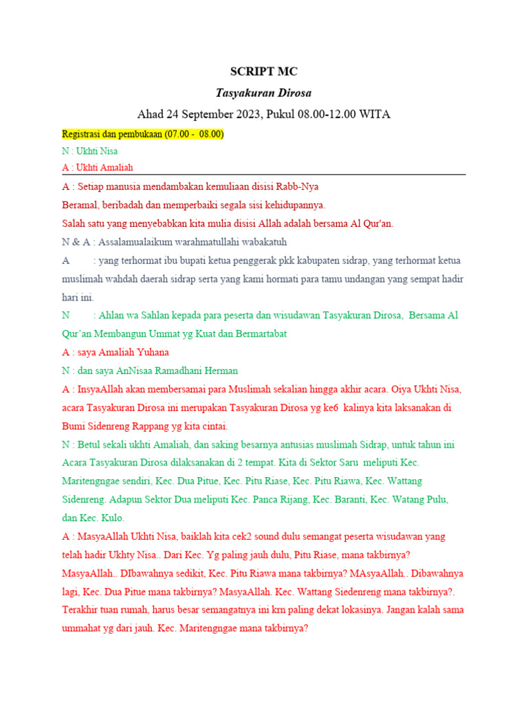 SCRIPT MC TASYAKURAN DIROSA Oke Yes | PDF