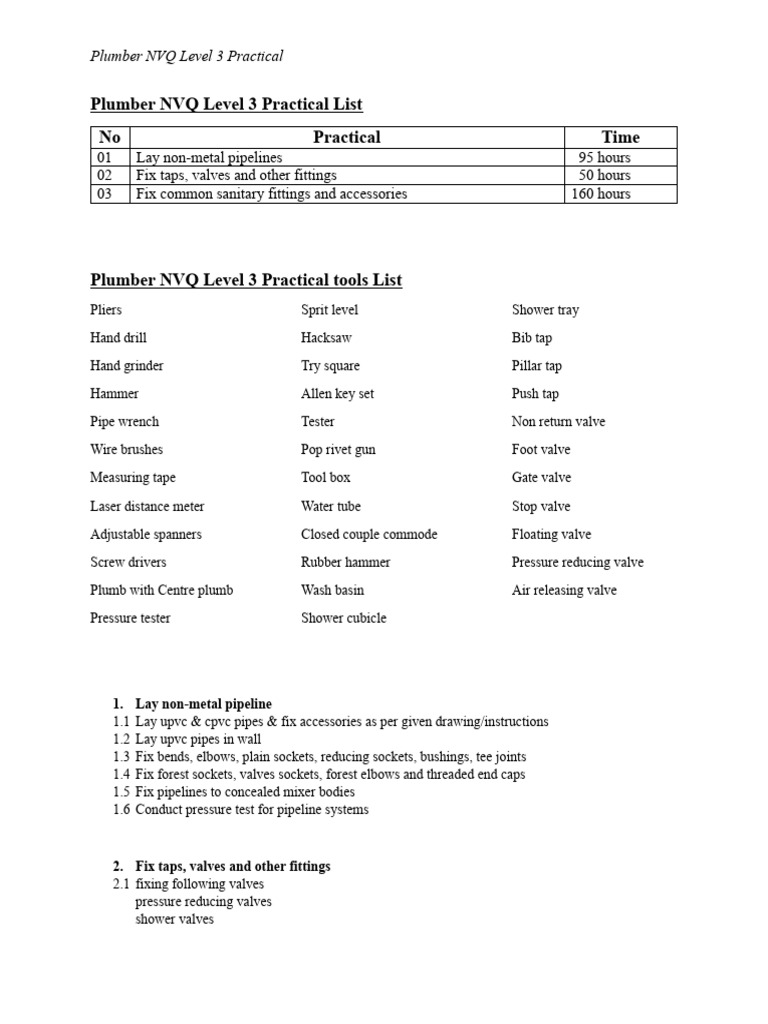 Plumber NVQ Level 3 Practical List | PDF Plumber NVQ Level 3 Practical List | PDF