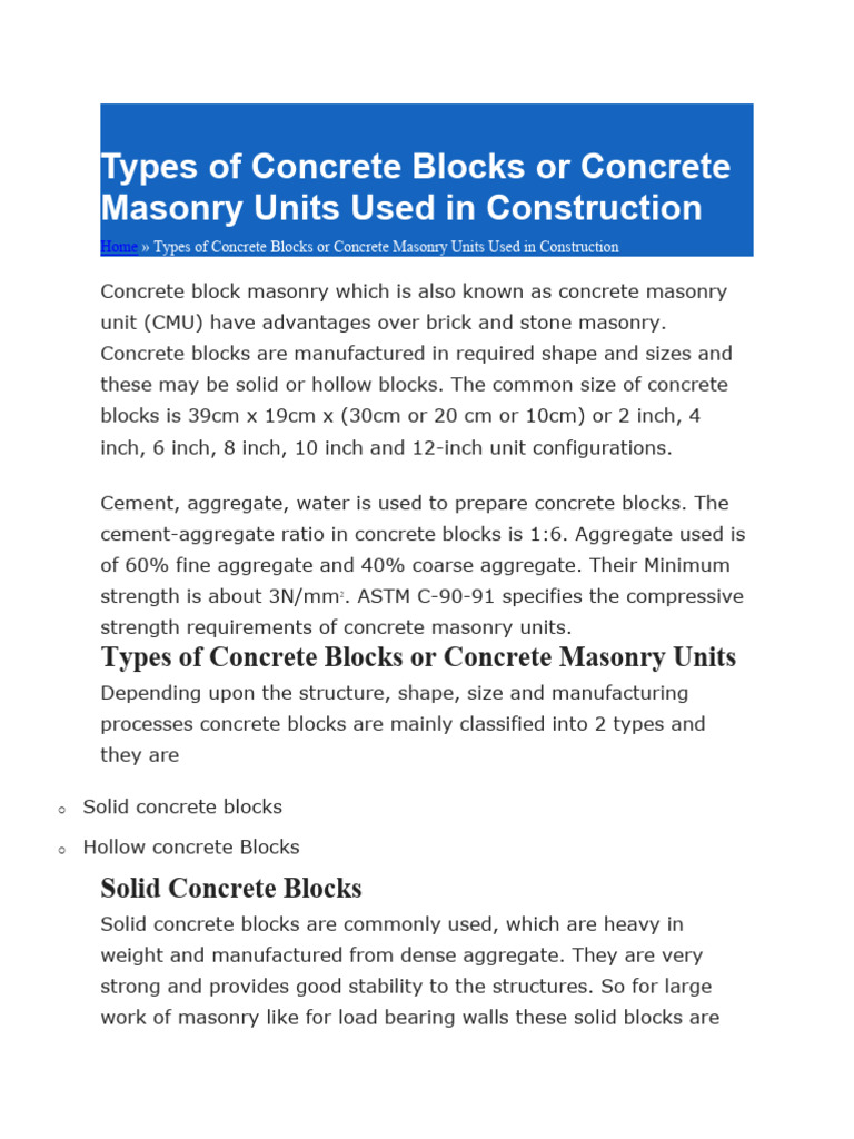 Types of Concrete Blocks in Construction | PDF | Masonry | Concrete
