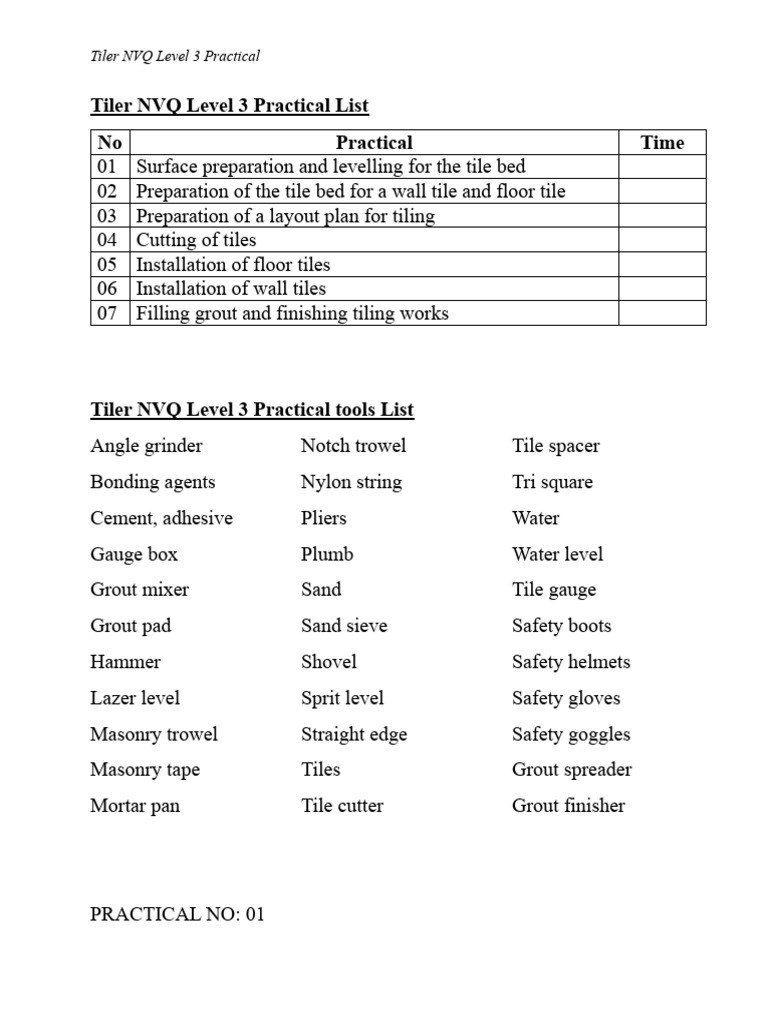 Tiler Final NVQ Practical Sheet | PDF