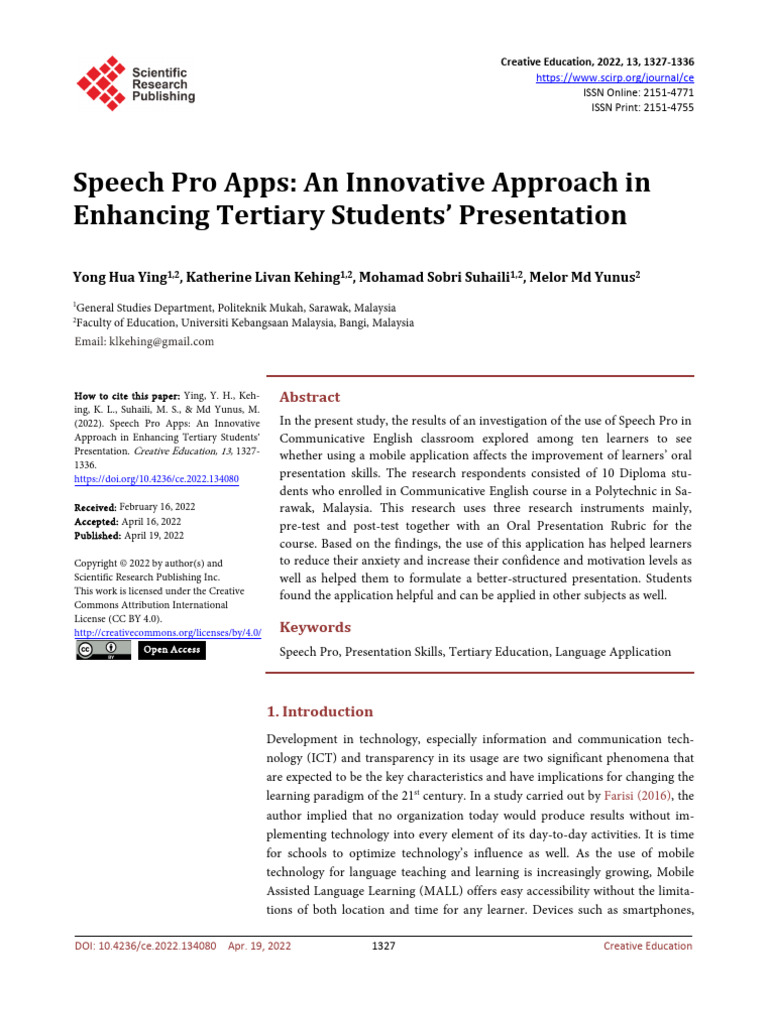 Speech Pro Apps: An Innovative Approach in Enhancing Tertiary Students’ Presentation | PDF ...