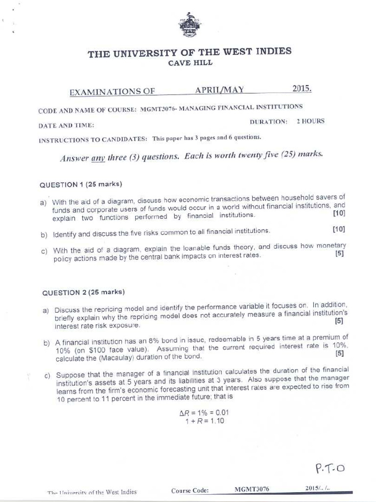 BAC 310 Management of Financial Institutions Past Papers 2 | PDF