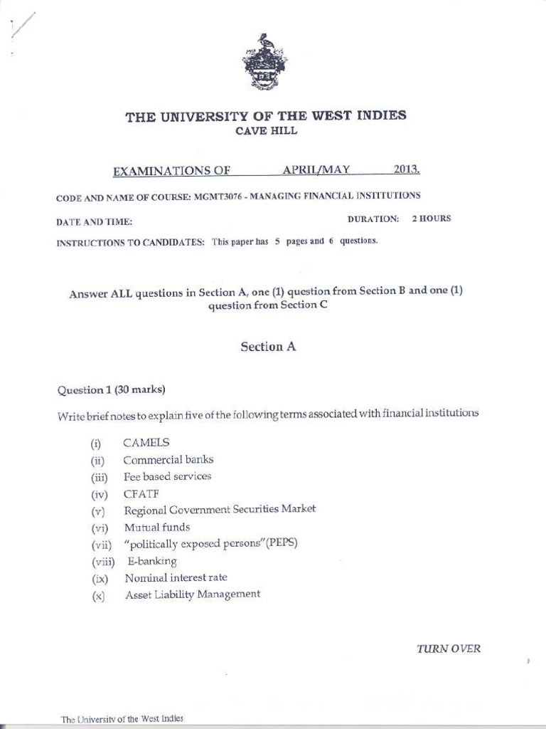 BAC 310 Management of Financial Institutions Past Papers 3 | PDF