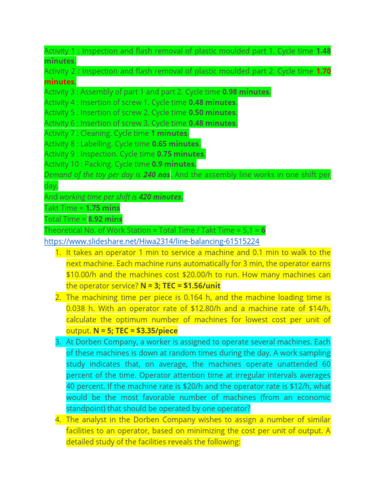 Plastic Part Assembly Line Cycle Times | PDF | Mechanical Engineering ...