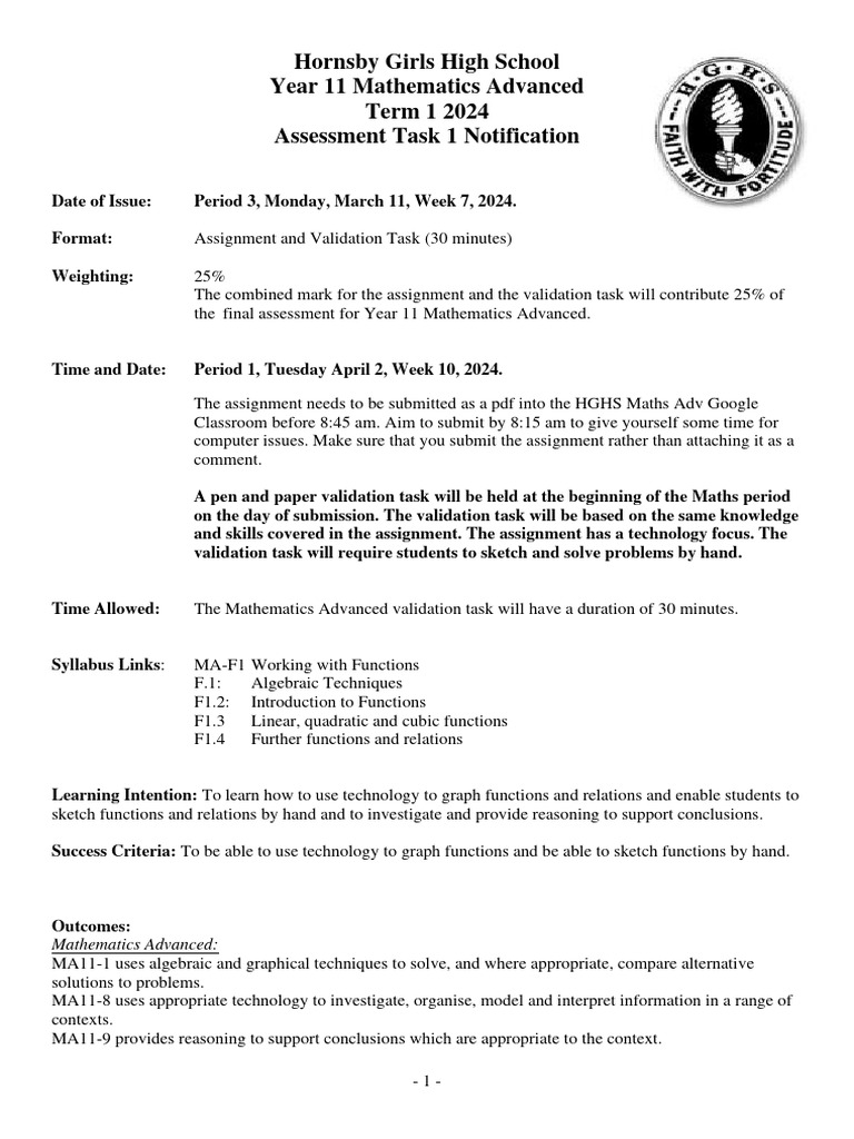 Year 11 Math Assessment Task 1 | PDF | Zero Of A Function | Function (Mathematics)