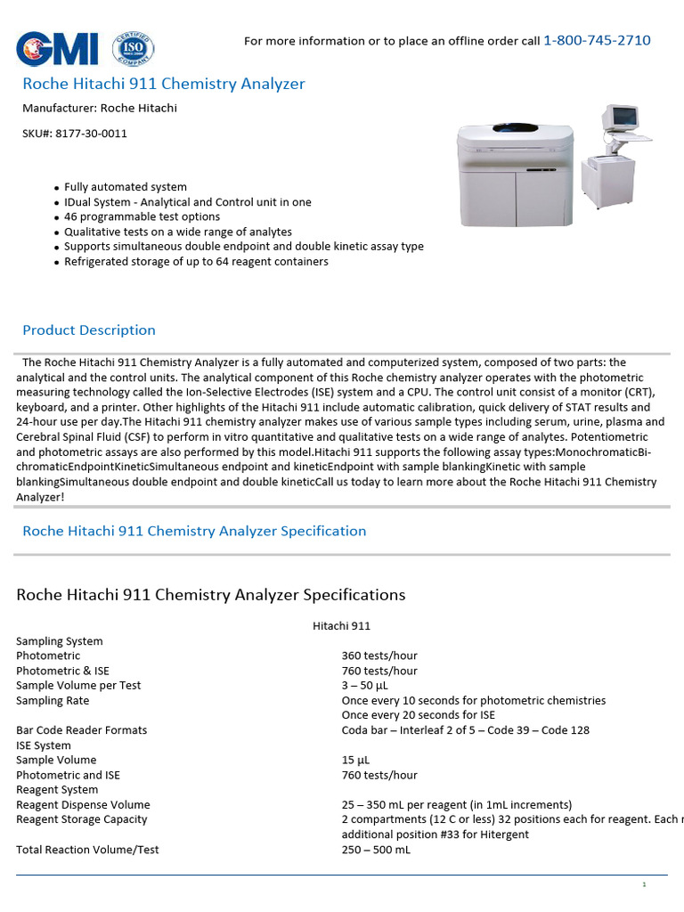 Roche Hitachi 911 Chemistry Analyzer: Product Description | PDF | Assay ...