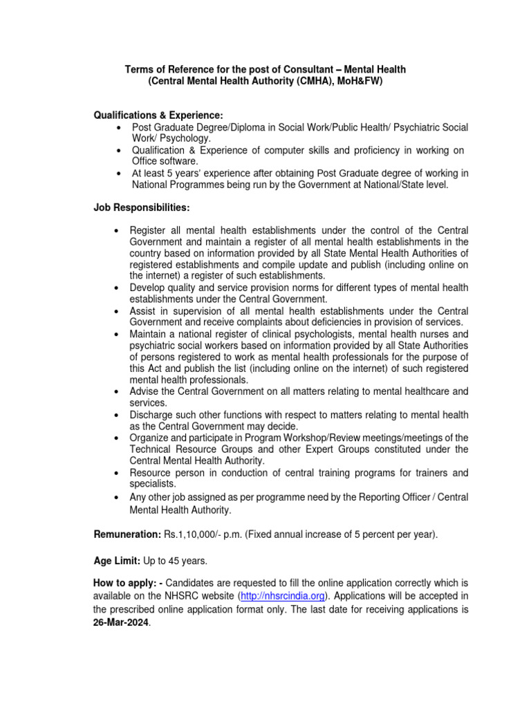 Final Terms of Reference For The Post of Consultant - Mental Health ...