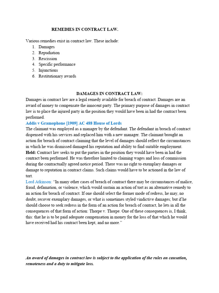 Remedies in Contract Law | PDF | Damages | Misrepresentation