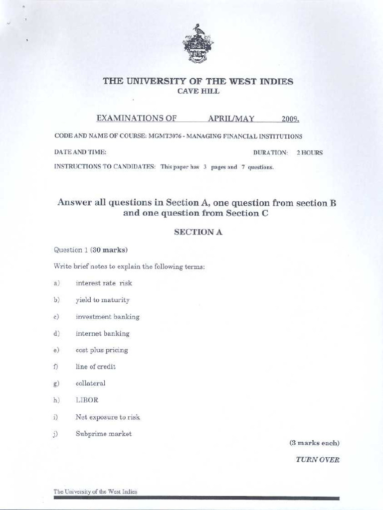 BAC 310 Management of Financial Institutions Past Papers 7 | PDF