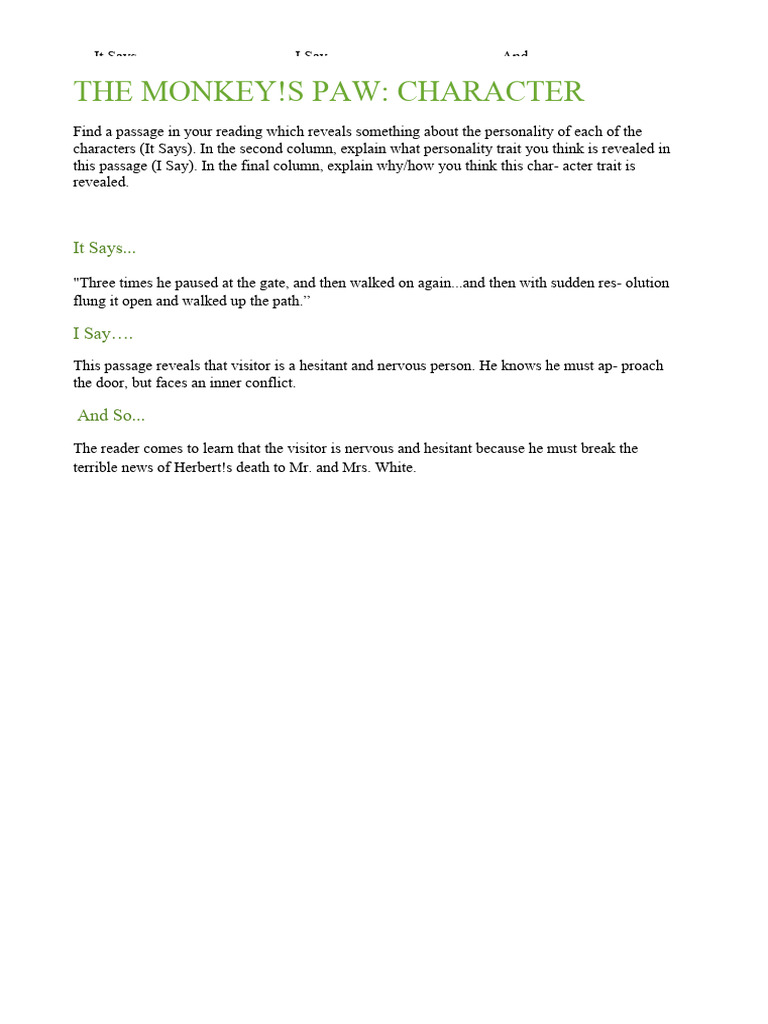 3the Monkeys Paw Characters | PDF | Mystery, Thriller & Crime Fiction ...