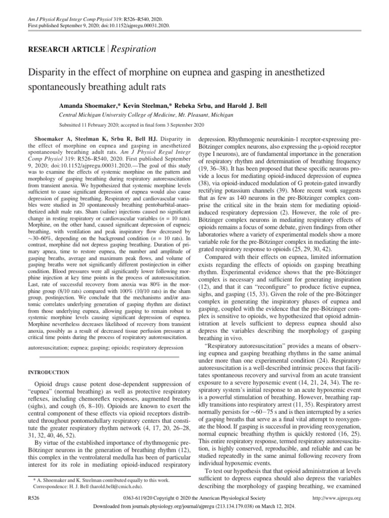 Shoemaker Et Al 2020 Disparity in The Effect of Morphine On Eupnea and Gasping in Anesthetized ...