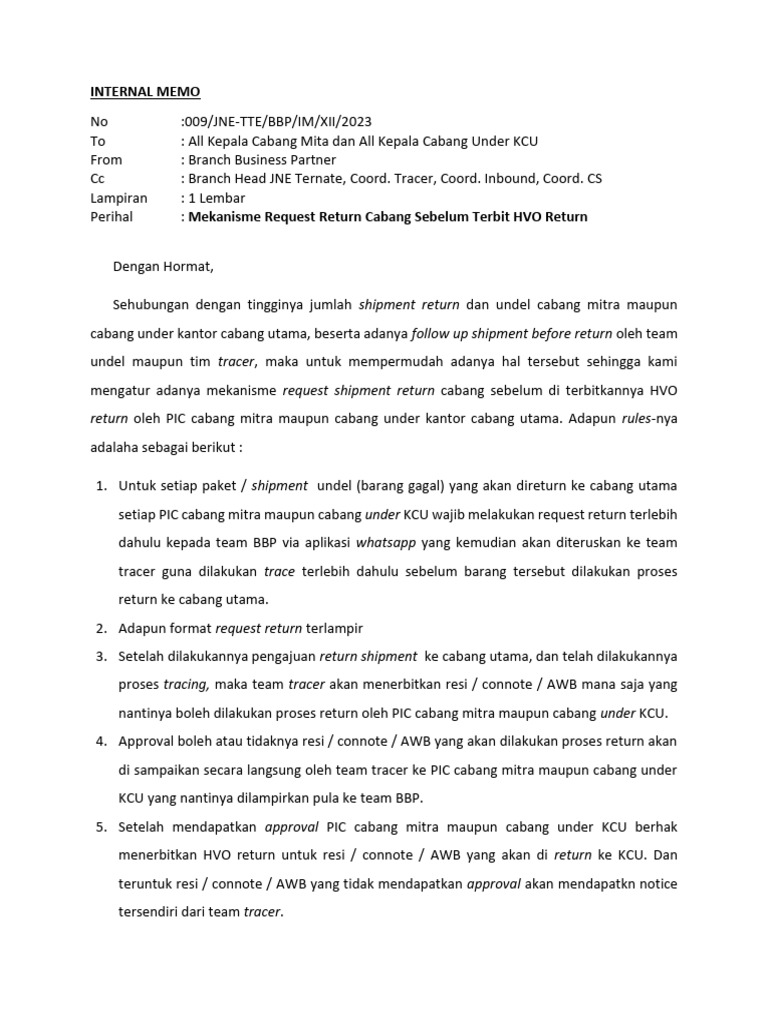 IM Mekanisme Request Return Cabang Mitra Dan Under KCU | PDF