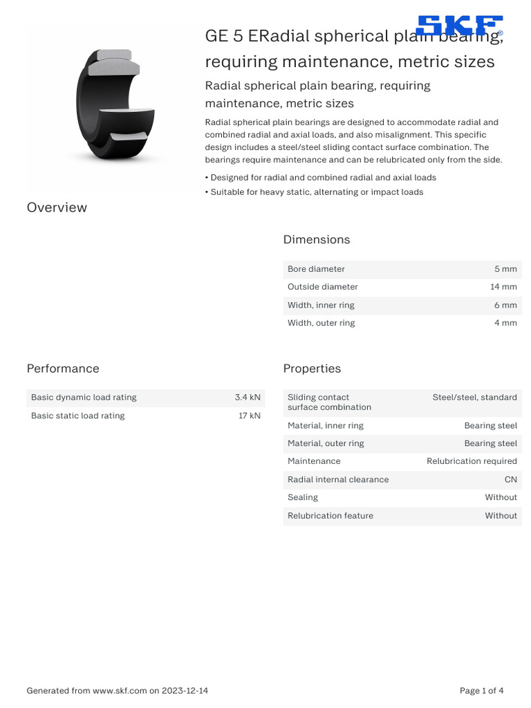 SKF GE 5 ERadial Spherical Plain Bearing, Requiring Maintenance, Metric Sizes Specification ...