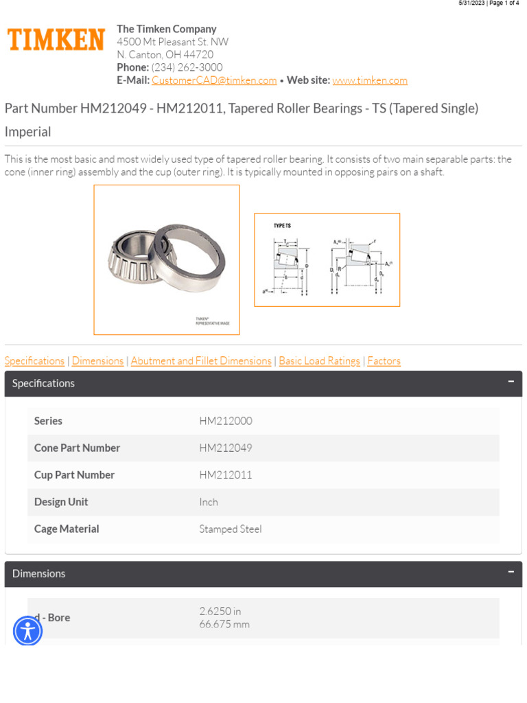 Timken HM212049 Tapered Roller Bearings | PDF | Bearing (Mechanical ...