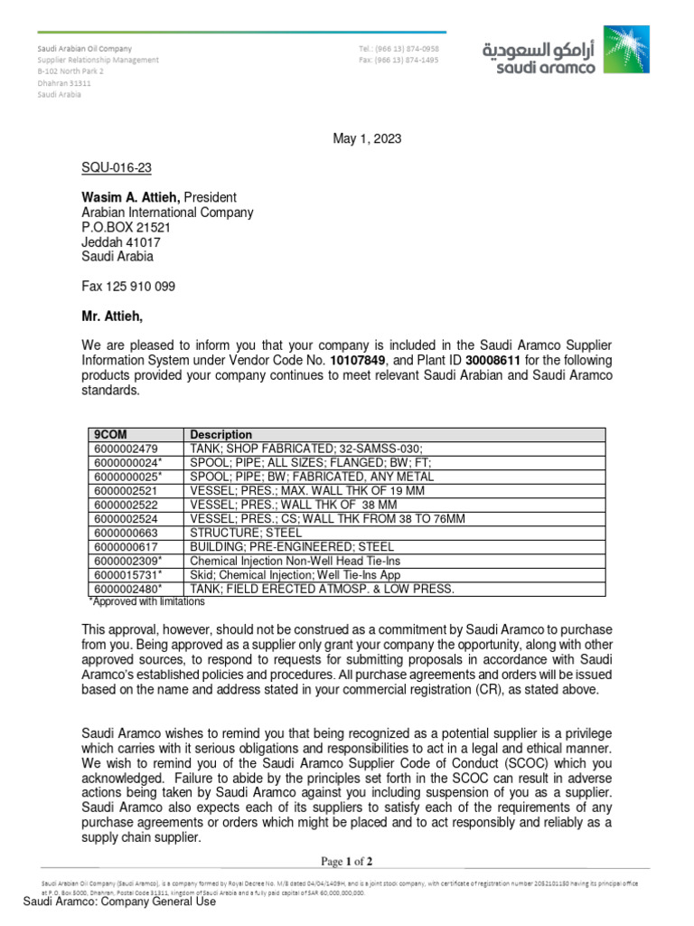 Aramco Letter | PDF | Saudi Arabia | Supply Chain