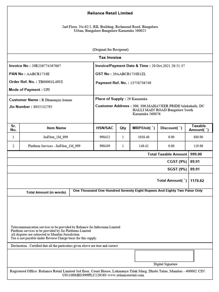 Jio Invoice Oct | PDF