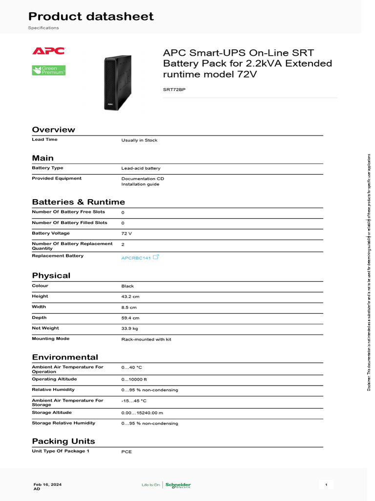 APC SRT72BP Battery Pack Overview | PDF | Sustainability | Manufactured ...