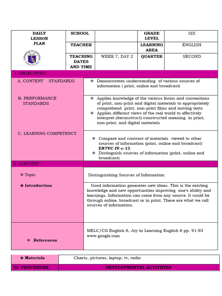 English 6 DLP Quarter 2 Week 7day 2 | PDF | Newspapers | Information