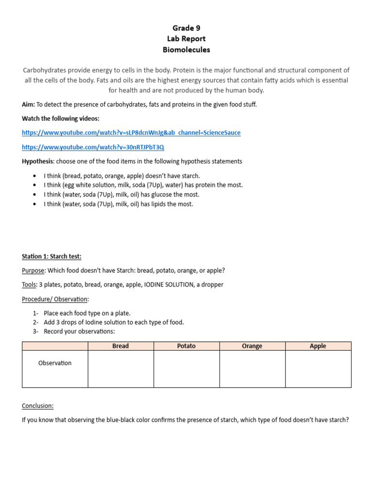 Grade 9 Biomolecules Lab | PDF | Starch | Milk