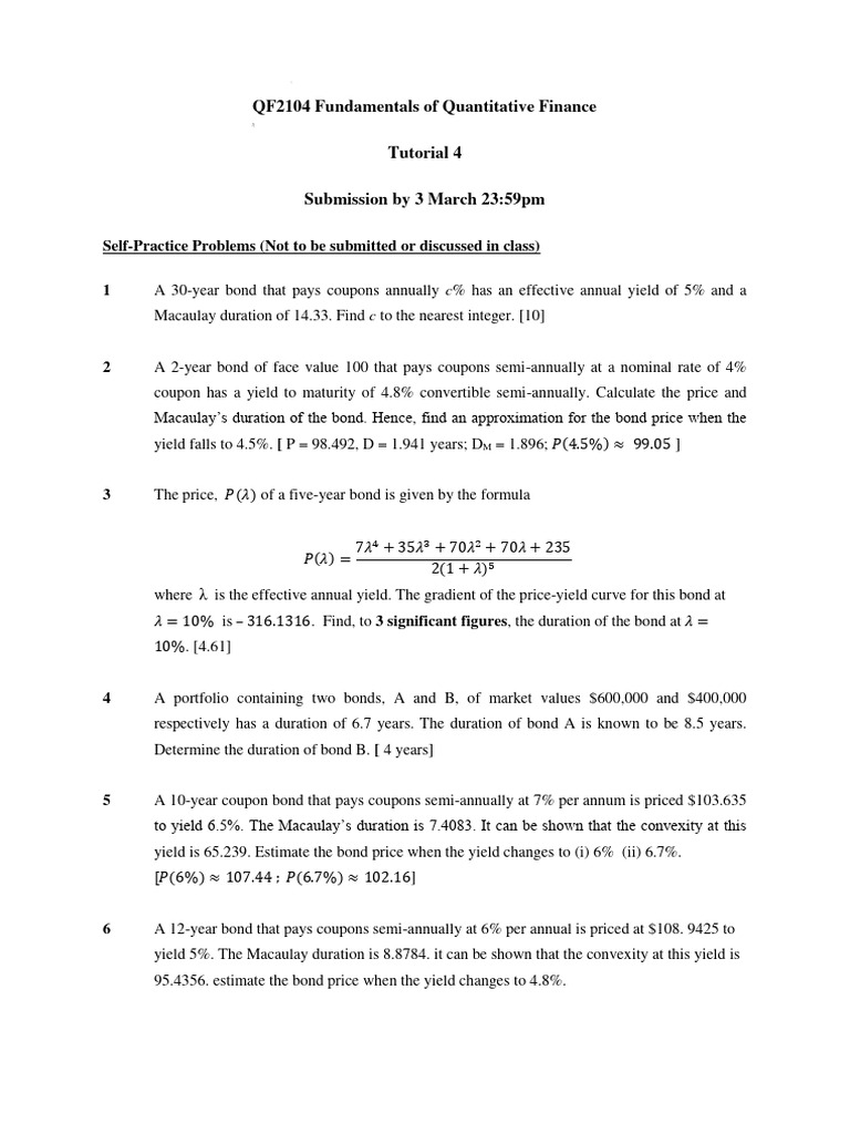 QF2104 Tutorial - Assignment 4 | PDF | Bond Duration | Bonds (Finance)