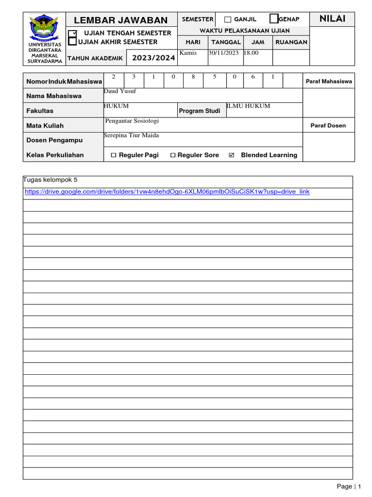 FORM LEMBAR JAWABAN UJIAN-Daud Yusuf | PDF