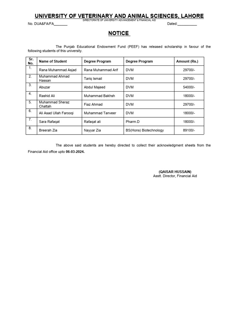 University of Veterinary and Animal Sciences, Lahore Notice | PDF