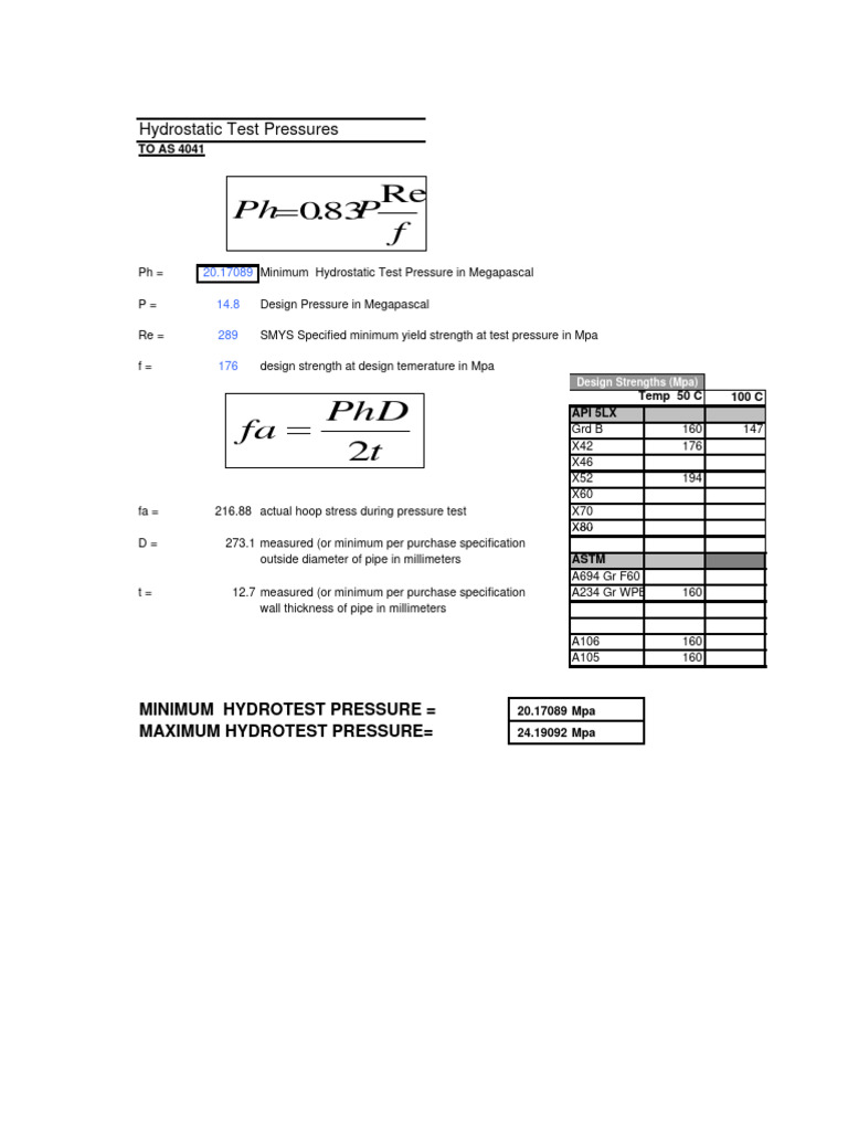 Hydrostatic Test Pressure Calculations | PDF