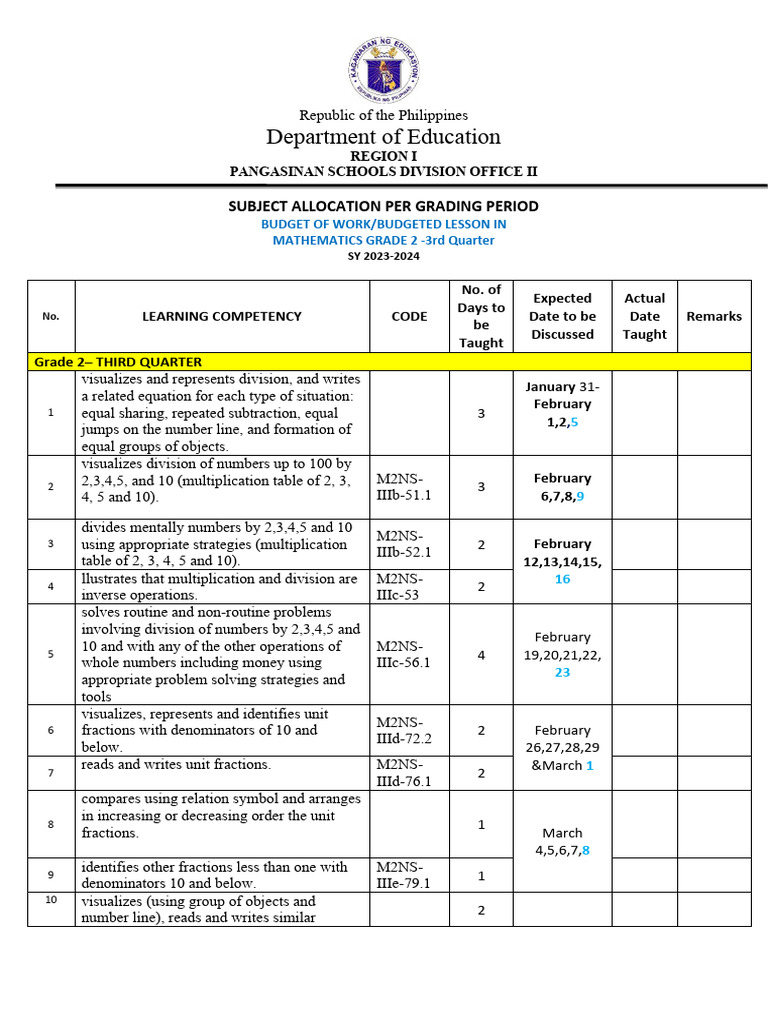 BOW Budgeted-Lesson G2-Math SY-2023-2024 3rd-Qtr Final | PDF ...