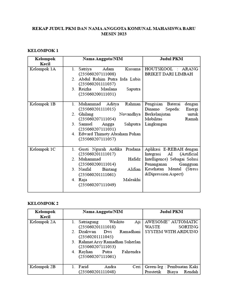 Rekap PKM Komunal Mahasiswa Baru Mesin 2023 | PDF