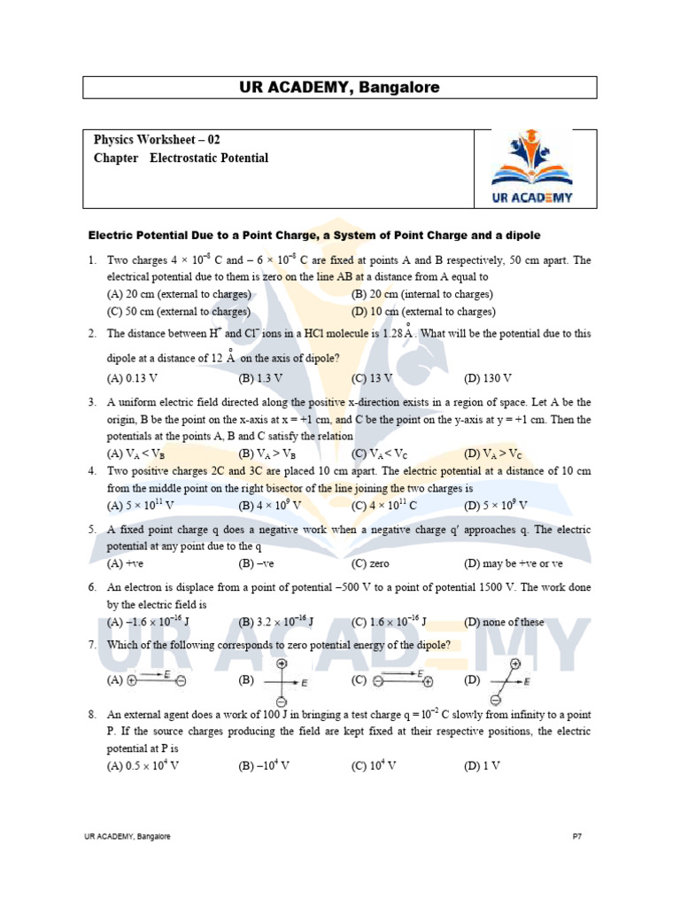 Electrostatic Potential Worksheet - UR Academy | PDF | Sphere | Electronvolt