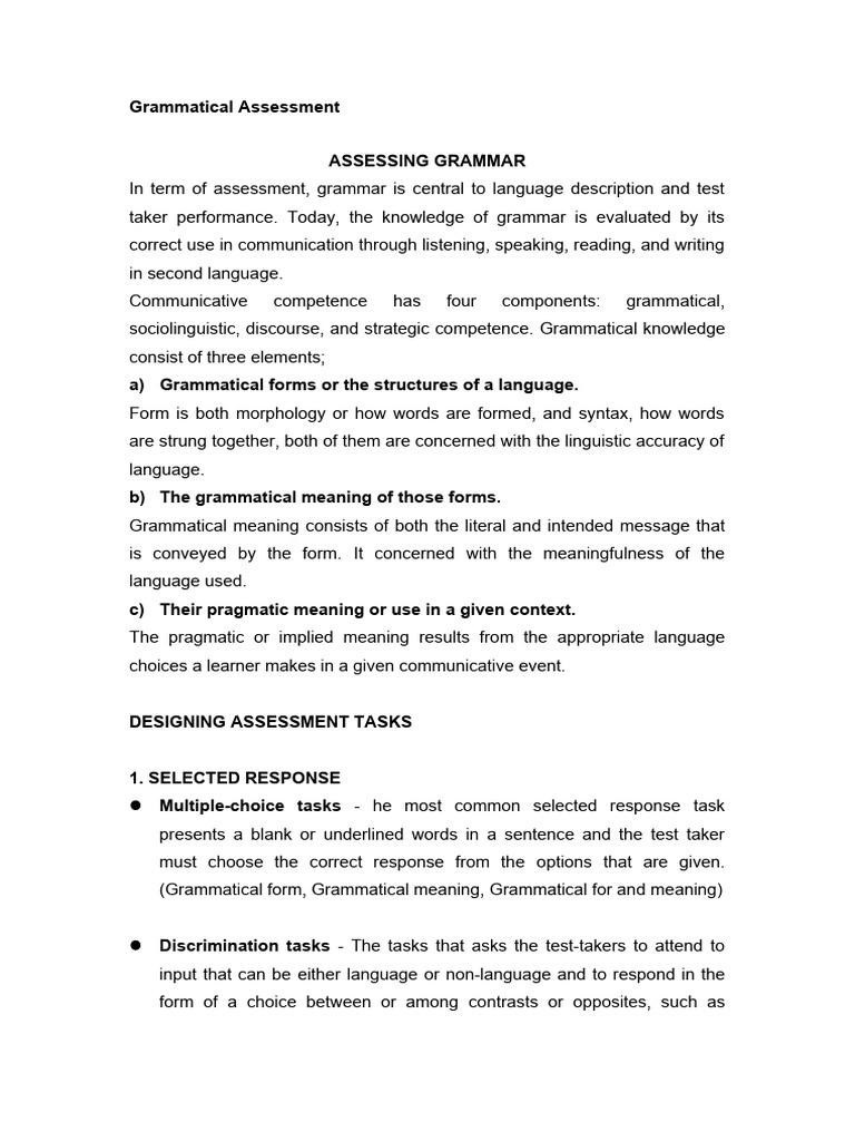 Grammar and Vocabulary Assessment Guide | PDF | Language Arts & Discipline