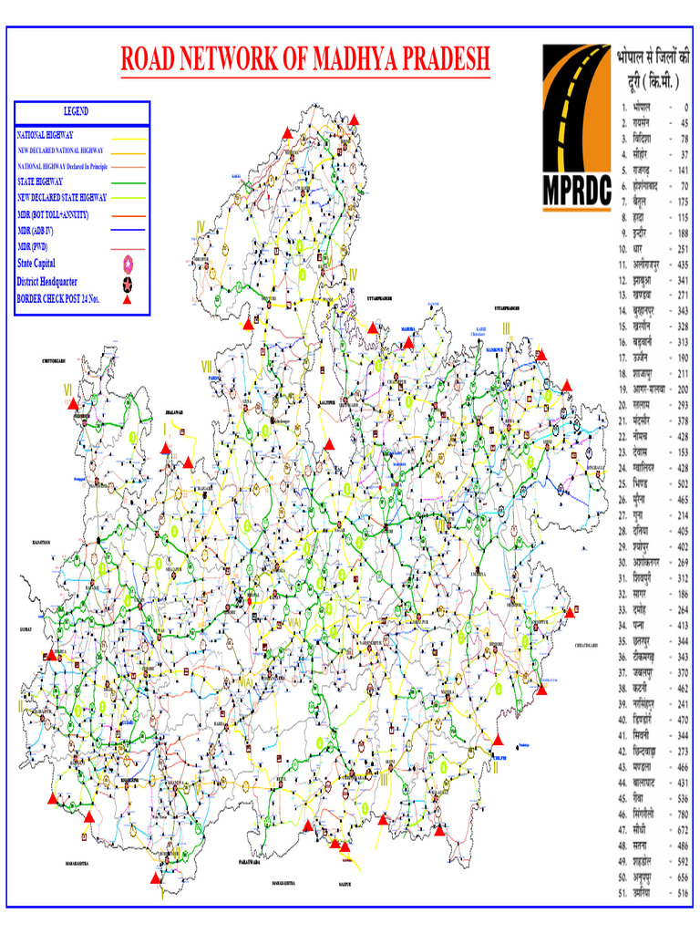 Road Network of Madhya Pradesh: District Headquarter State Capital | PDF