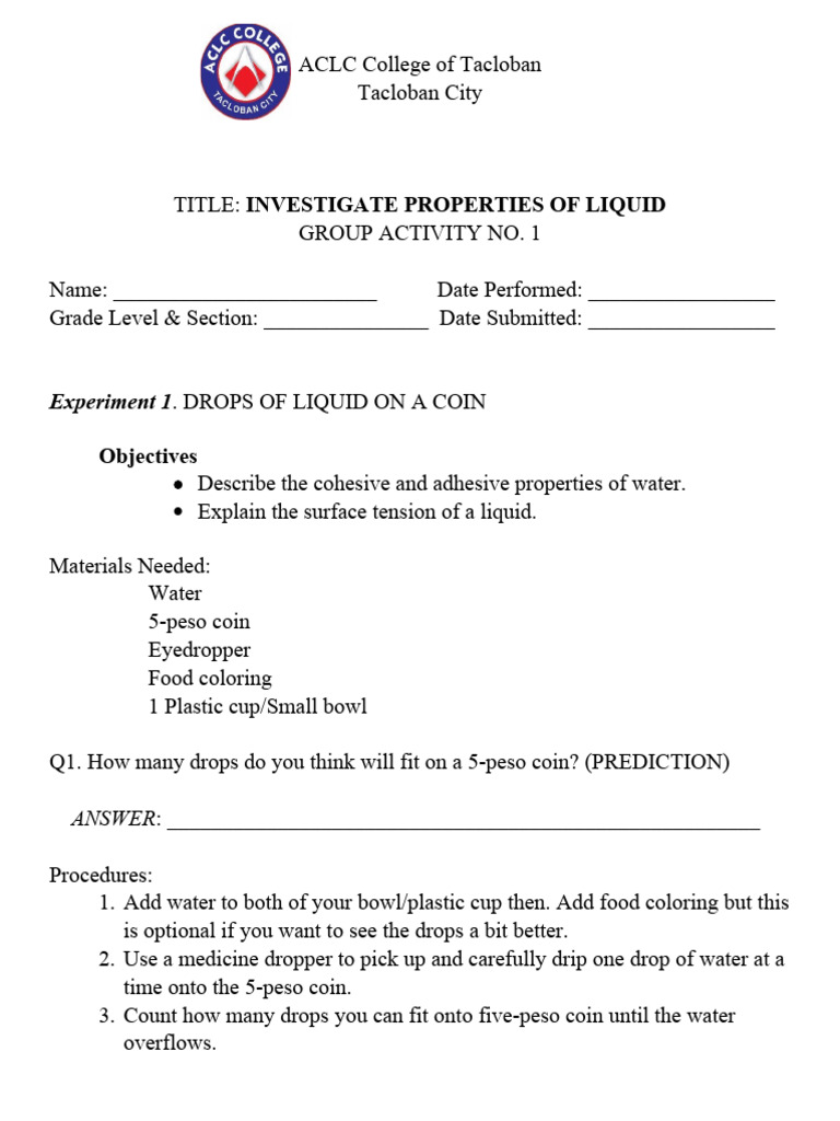 Properties of Liquids Worksheet | PDF | Liquids | Drop (Liquid)