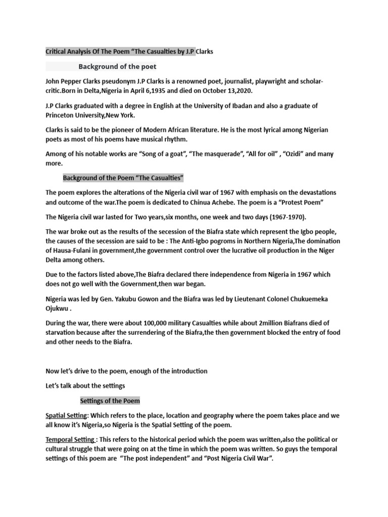 Analysis of J.P. Clark's "The Casualties" | PDF | Nigeria
