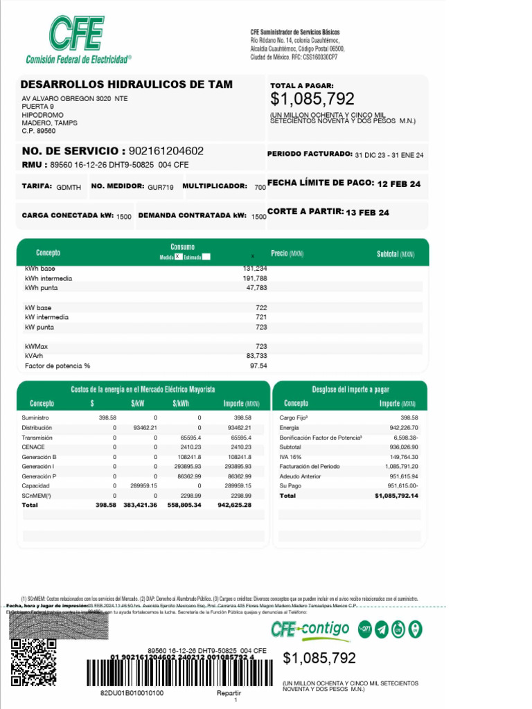 Recibo Cfe Ene 2024 | PDF | Poder (Física) | Cantidades fisicas