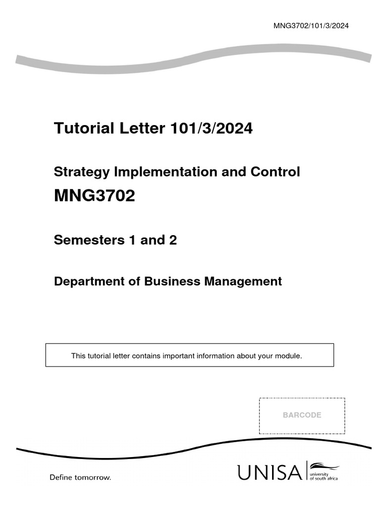 Tutorial Letter 101/3/2024: Strategy Implementation and Control | PDF
