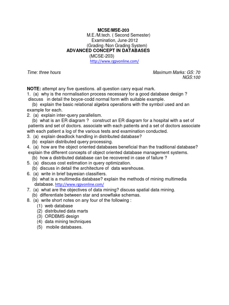 Mcse 203 Advanced Concept in Databases Jun 2012 | PDF | Teaching Methods & Materials | Computers