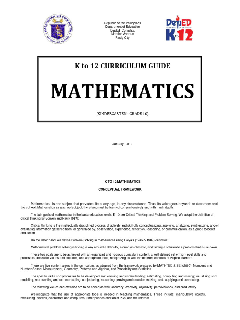 K To12 Curriculum Guide In Mathematics Kinder To Grades 1 10 Pdf