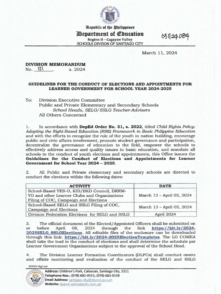 DM121 S. 2024 Guidelines For The Conduct of Elections For Learner ...