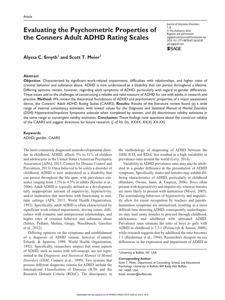 Evaluating The Psychometric Properties of The Conners Adult ADHD Rating ...