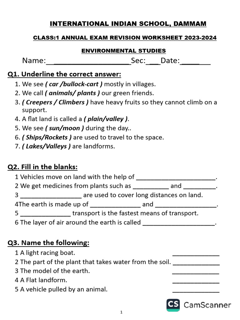 Class-1 Evs Term 2 Revision Worksheet | PDF