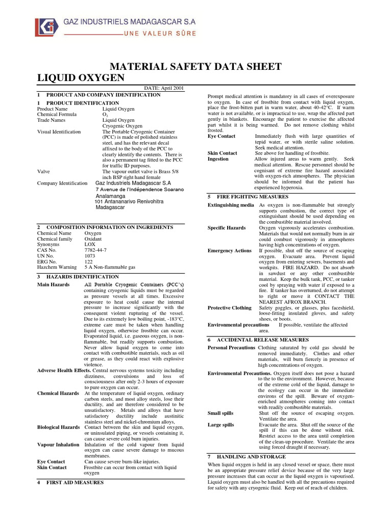 MSDS Liquid-Oxygen | PDF | Oxygen | Combustion