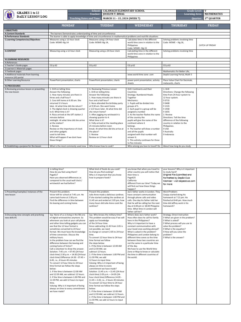 Grade 5 Math Lesson: Time Concepts | PDF | Teachers | Learning