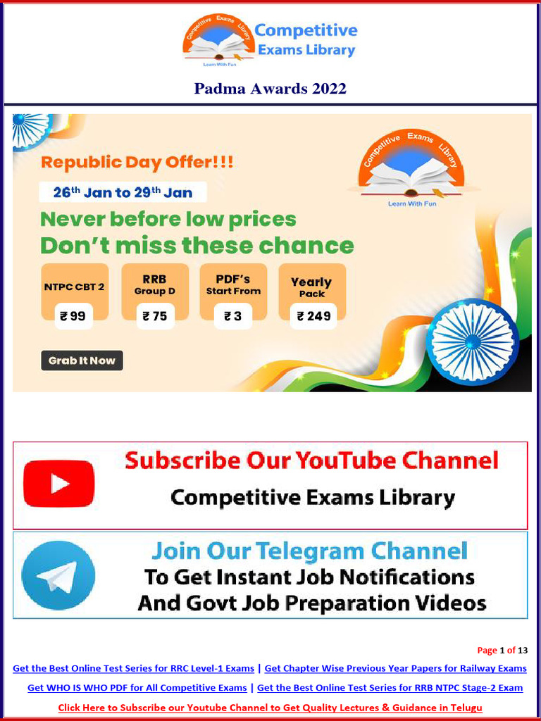 Padma Awards 2022: Click Here To Subscribe Our Youtube Channel To Get Quality Lectures ...