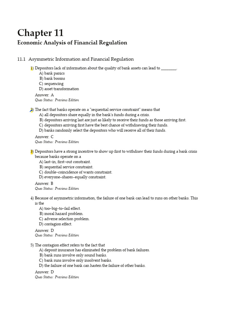 MCQs Chapter 11 Economic Analysis of Financial Regulation | PDF | Banks ...